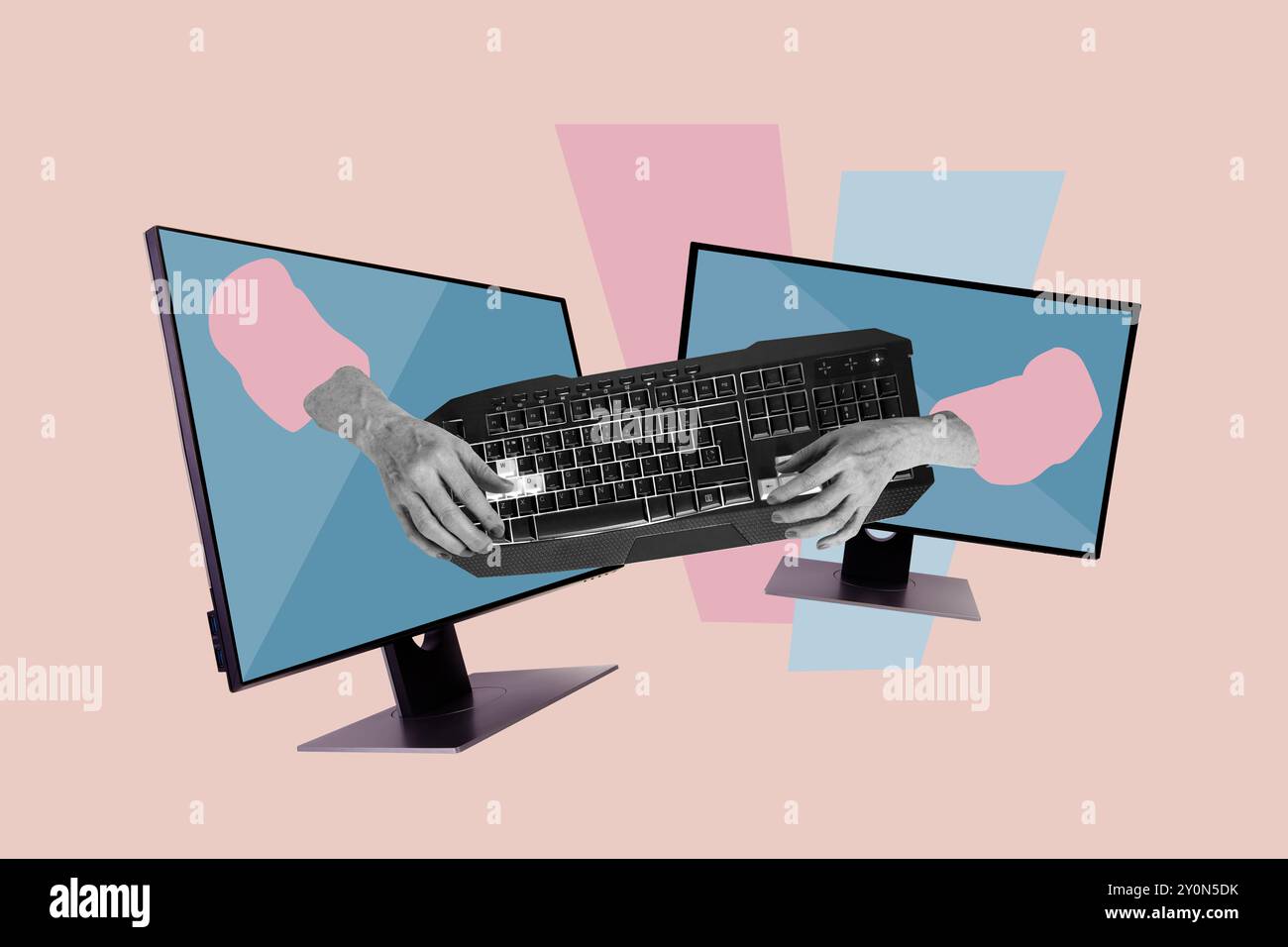 Creative collage image computer screen monitor keyboard typing digital ...