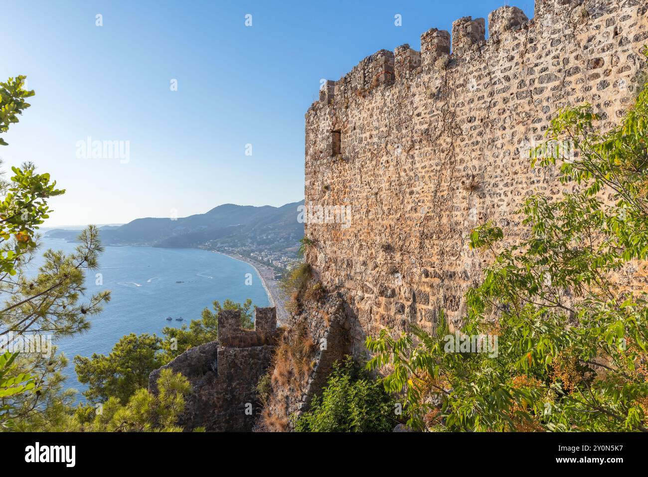 Landscape photo with wall of ancient fortress of Alanya Kale, Turkey ...