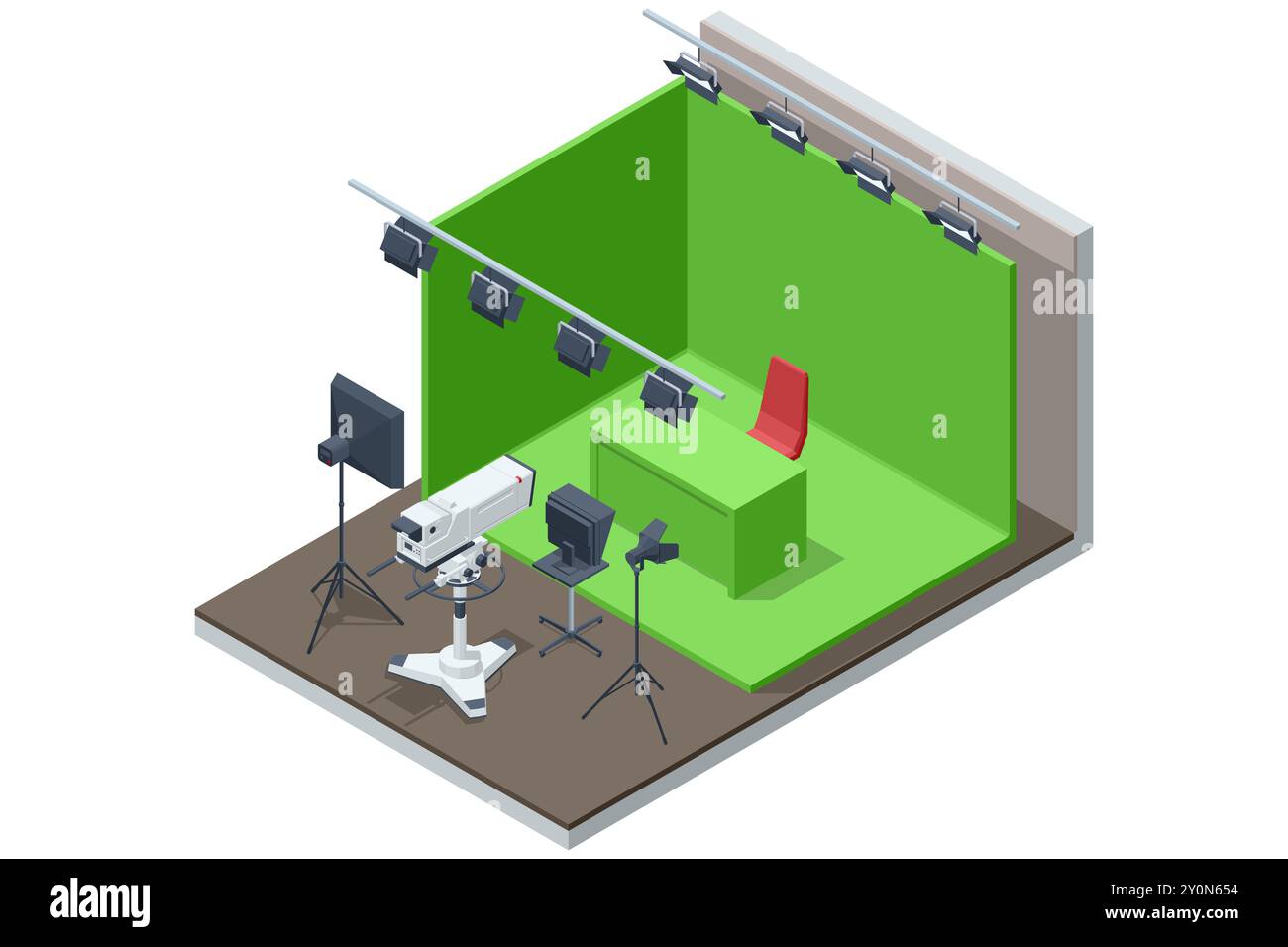 Isometric TV studio. NEWS studio with light equipment ready for ...