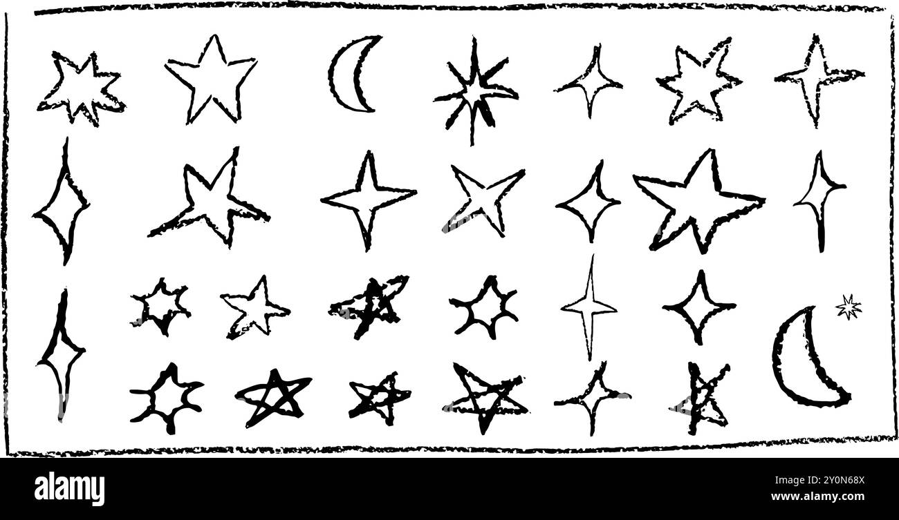 Set of fun like kid drawing black stars and crescent. Collection of wax ...