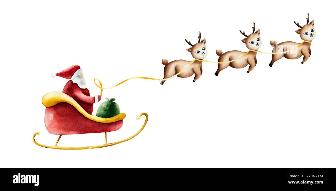 Santa Claus riding in red sleigh with bag of gifts. Cute smiling deer ...