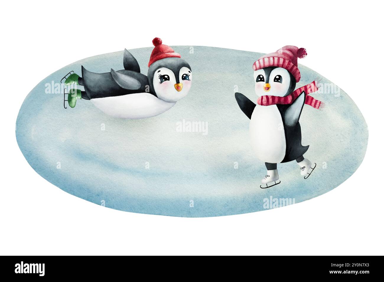 Cute smiling penguins skate on Ice rink. Christmas north animals ...