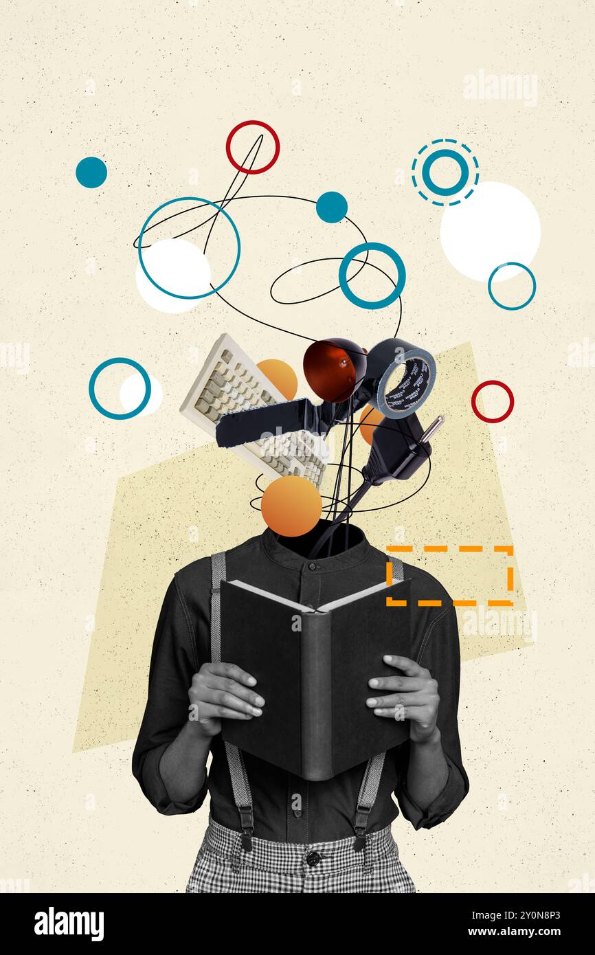 Collage sketch image of funny unusual weird freak silhouette hold read ...