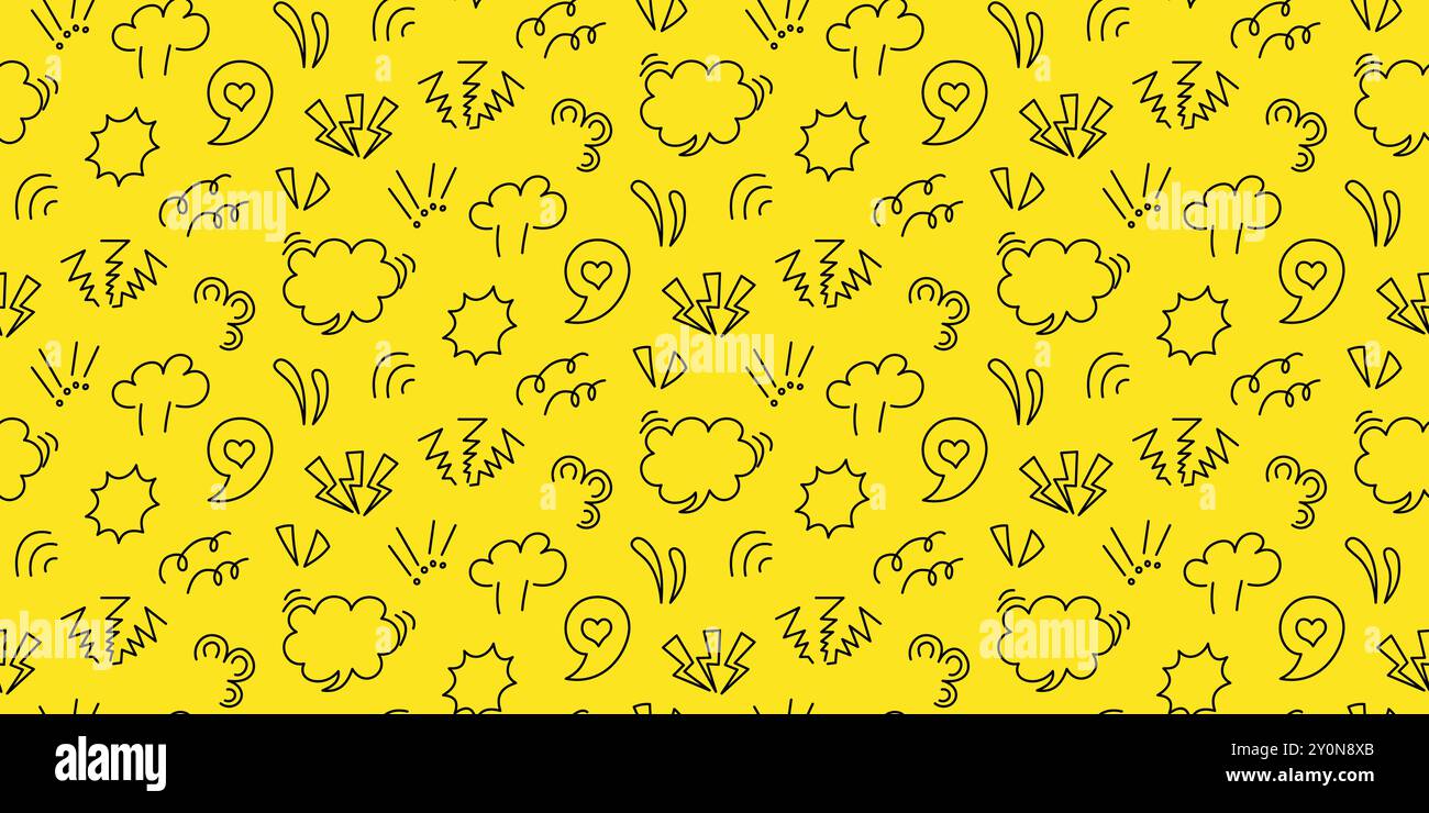 Yellow and black background with elements of 80-90s comics. Seamless ...