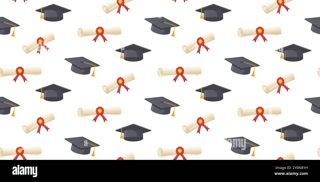 Graduation pattern of caps and diploma with red ribbon. Seamless ...