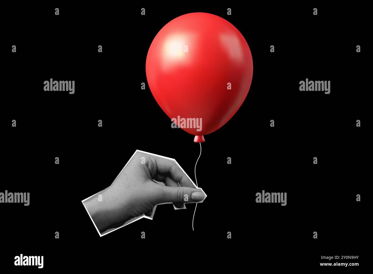 Collage, hand holding a red 3D balloon, banner halftone. Vector ...