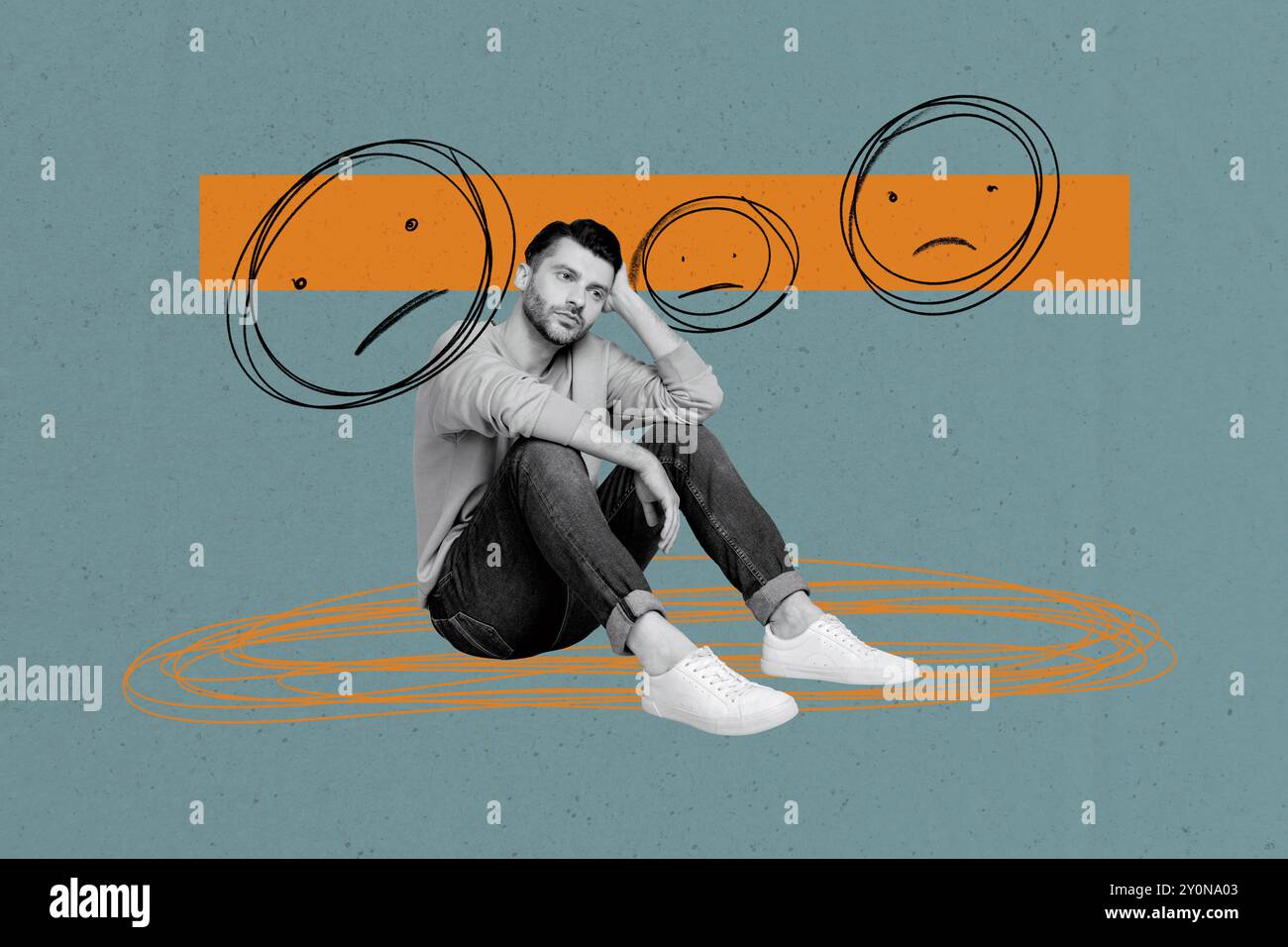 Composite photo collage of upset man sit alone sad emoji people crowd ...