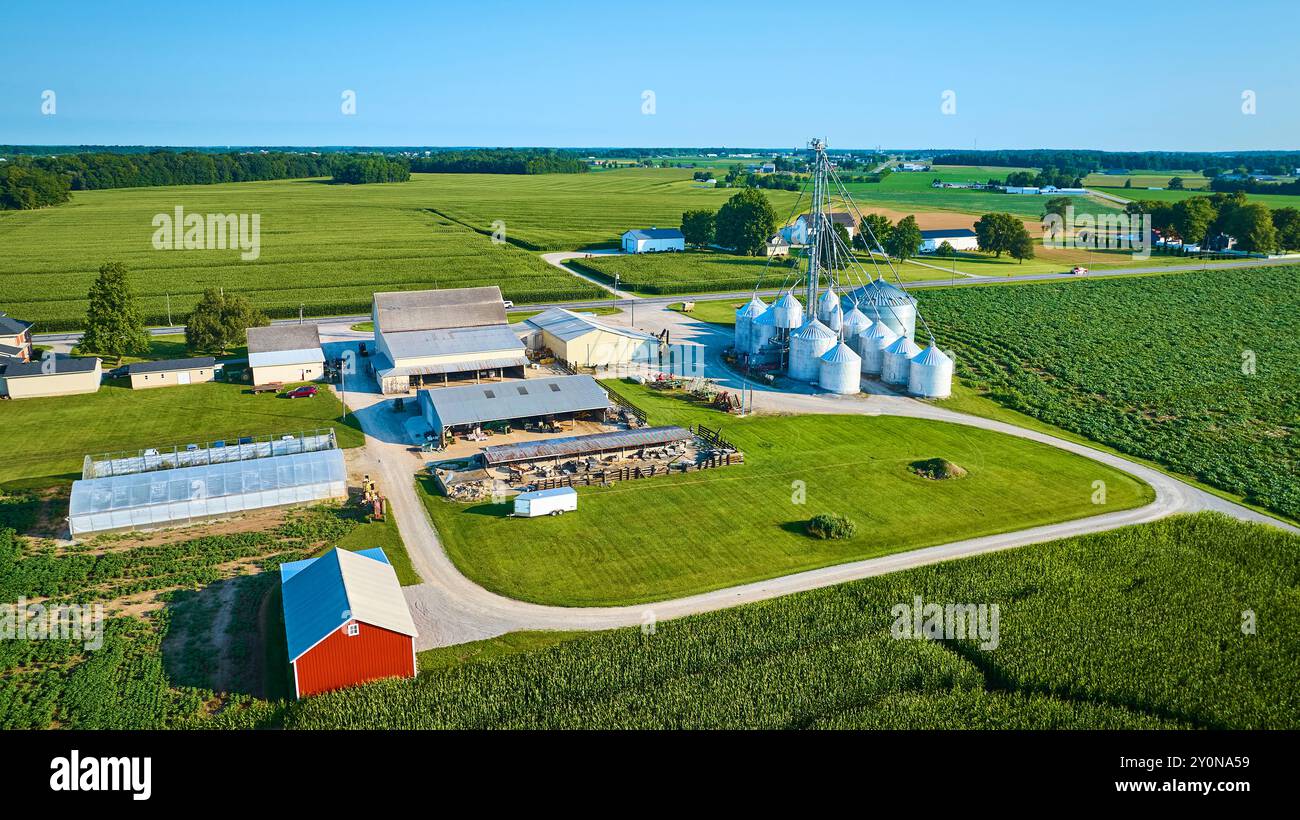 Aerial View of Cornfields and Red Barn with Grain Silos Stock Photo - Alamy