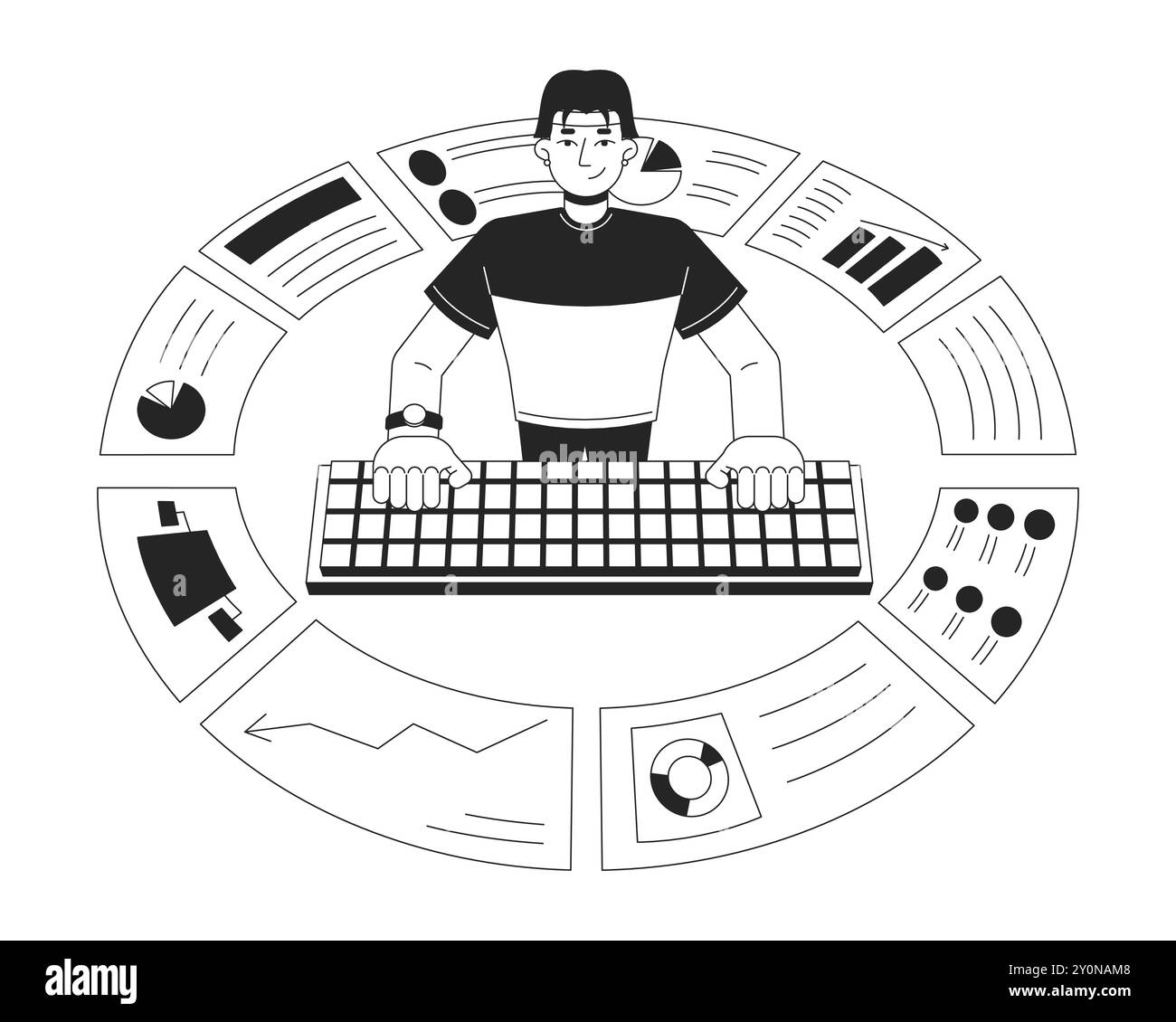 Data analytics business reports black and white 2D illustration concept ...