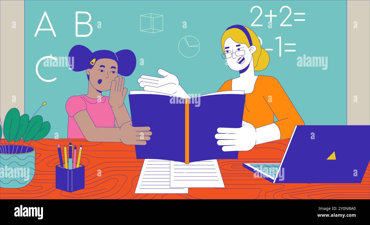 Happy teacher explaining topic to little girl cartoon flat illustration ...