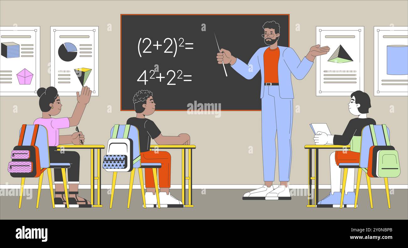 Math teacher teaching schoolchildren cartoon flat illustration Stock ...