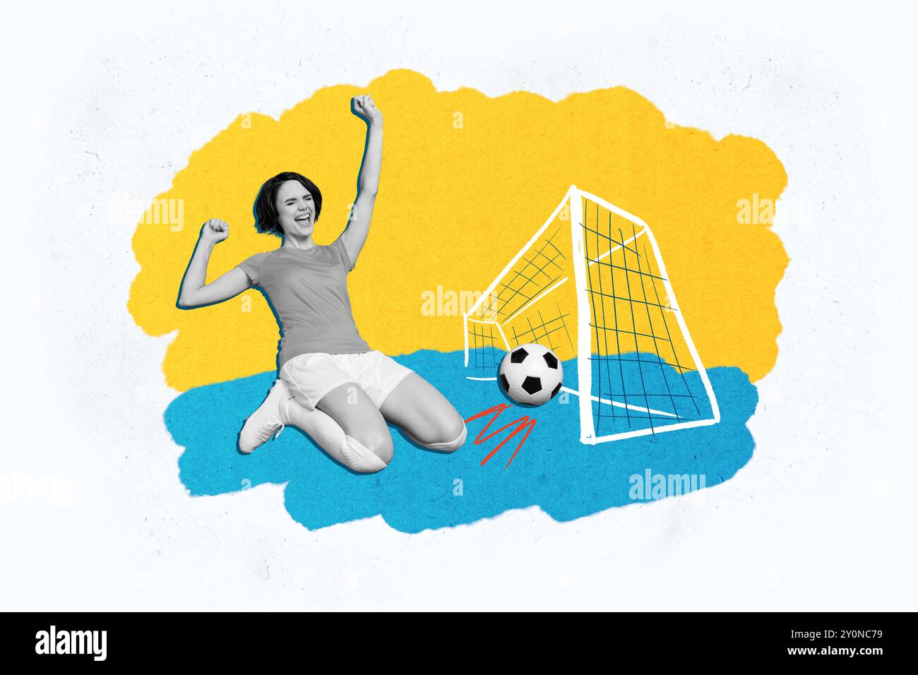 Composite photo collage of happy goalkeeper girl win football league ...