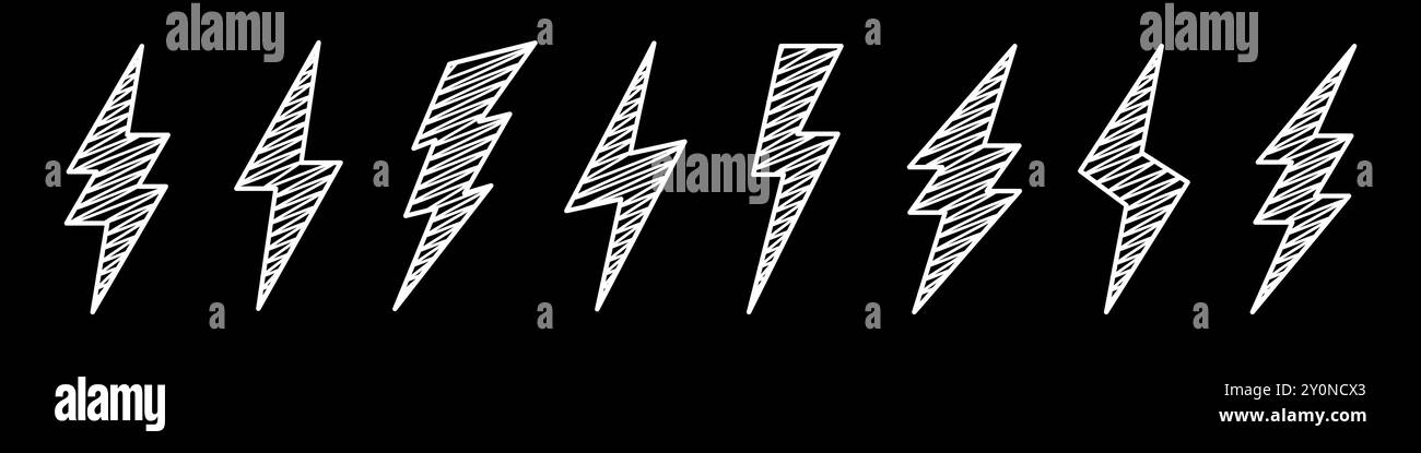 Hatched lightning bolt icons collection. Hand drawn flash symbol ...