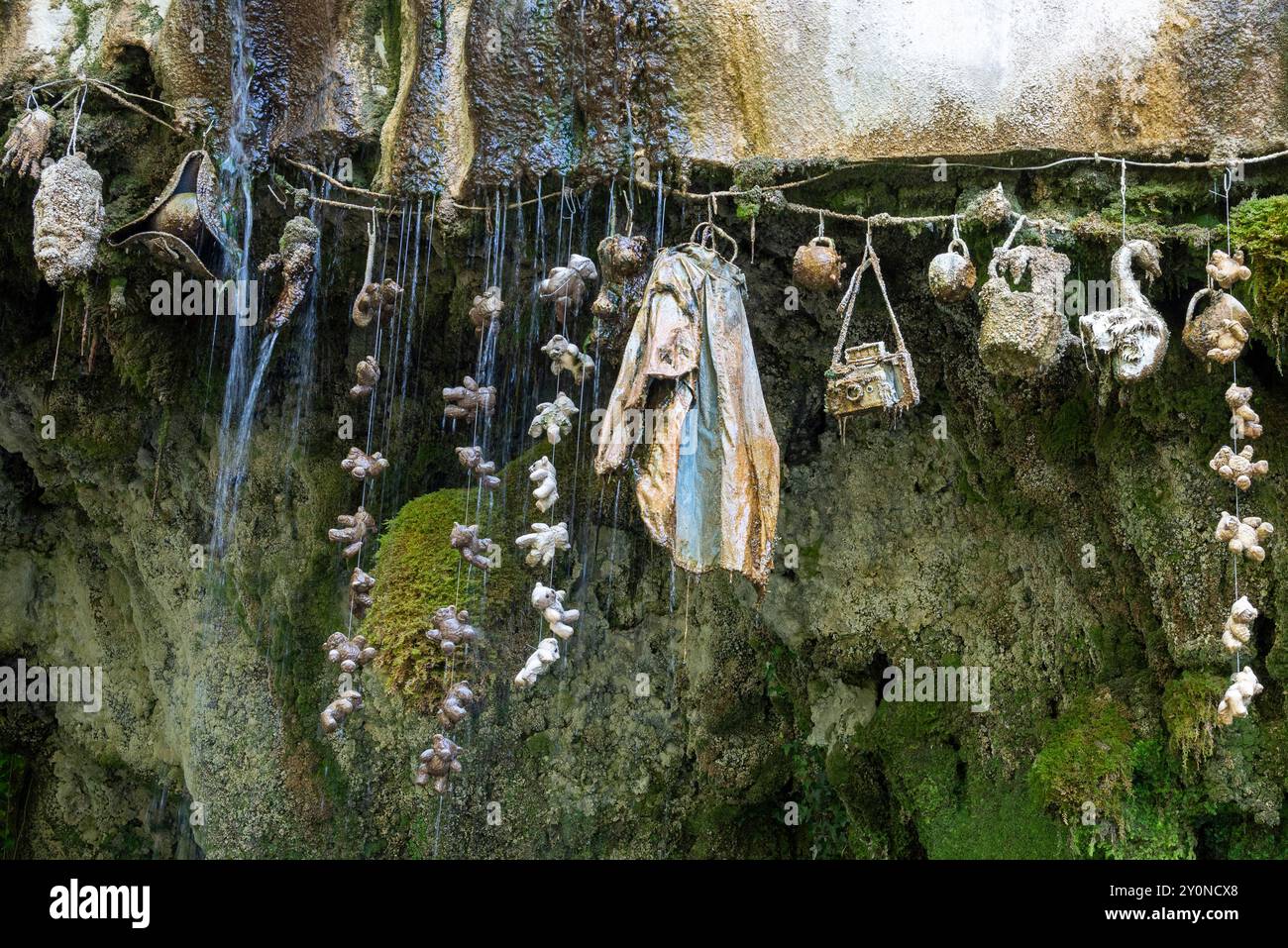 Petrified object hanging in calcium rich waterfall and turning to stone ...