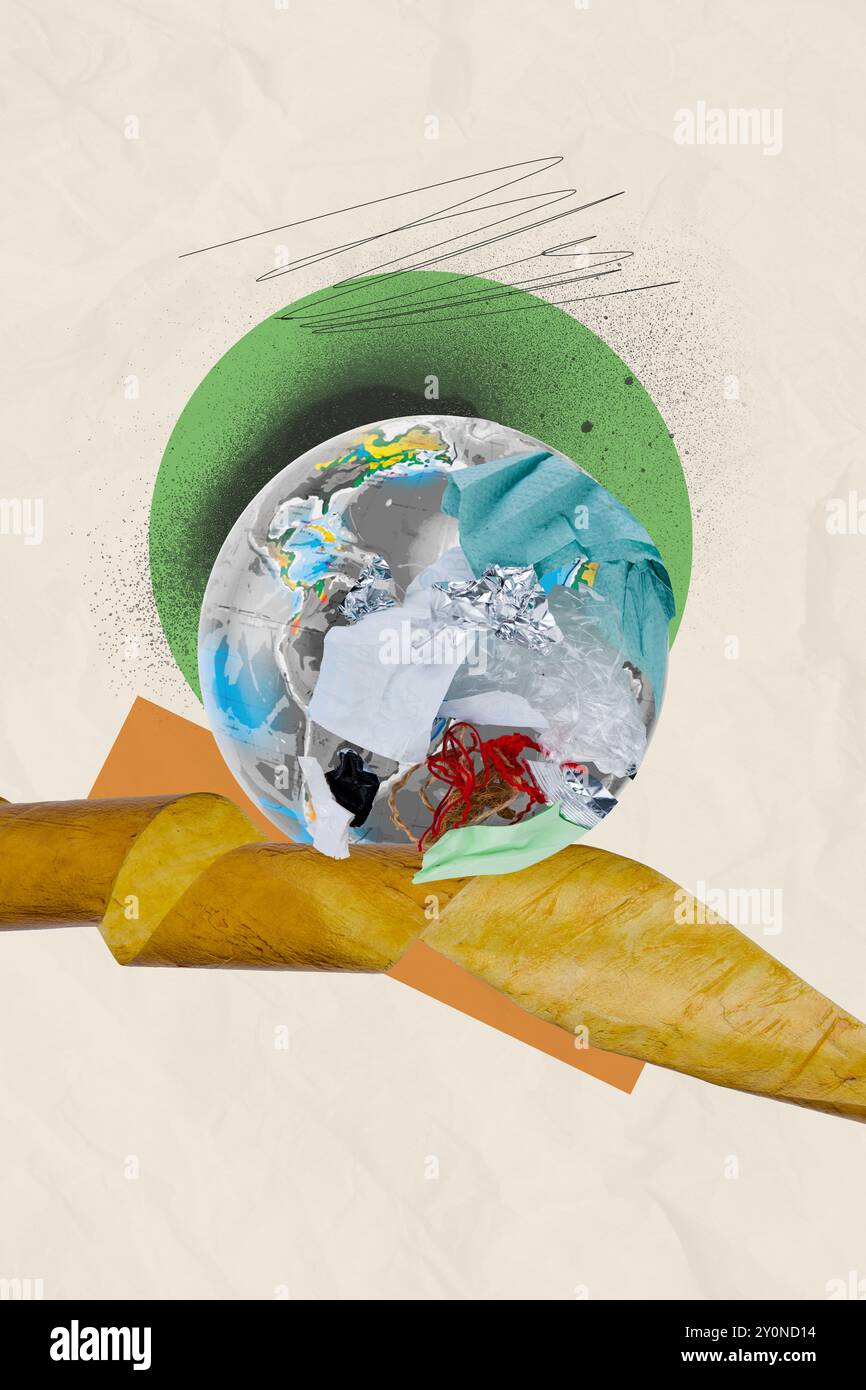 Vertical photo collage of earth planet huge pile rubbish destruction ...