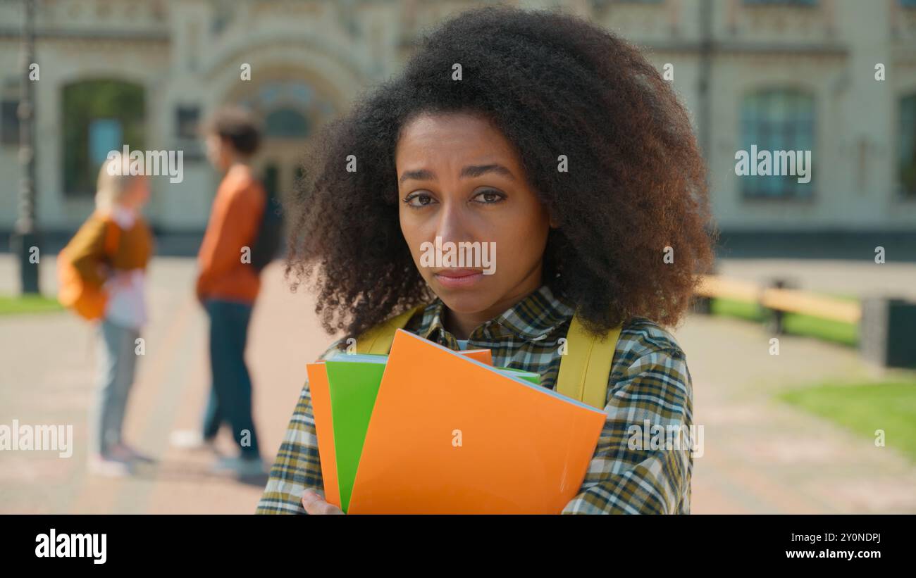 Sad upset stressed disappointed African American student girl female ...