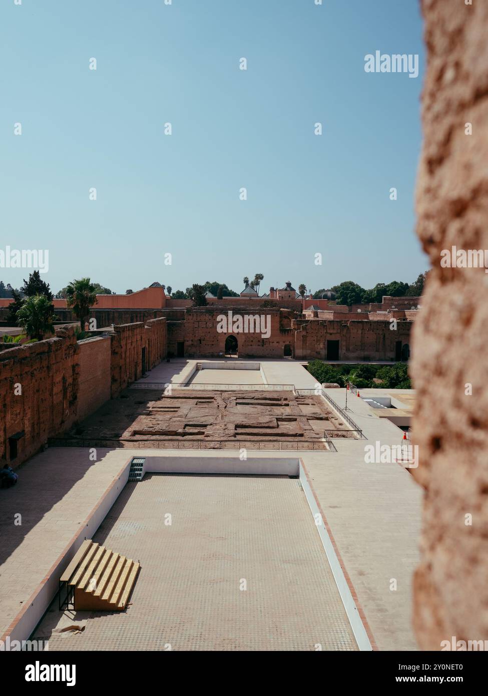 The vantage point reveals ancient ruins in Egypt, framed by palm trees ...
