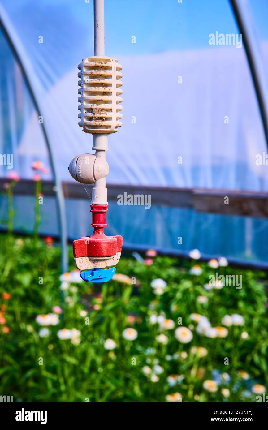 Greenhouse Sprinkler System with Lush Plants at Eye Level Stock Photo ...