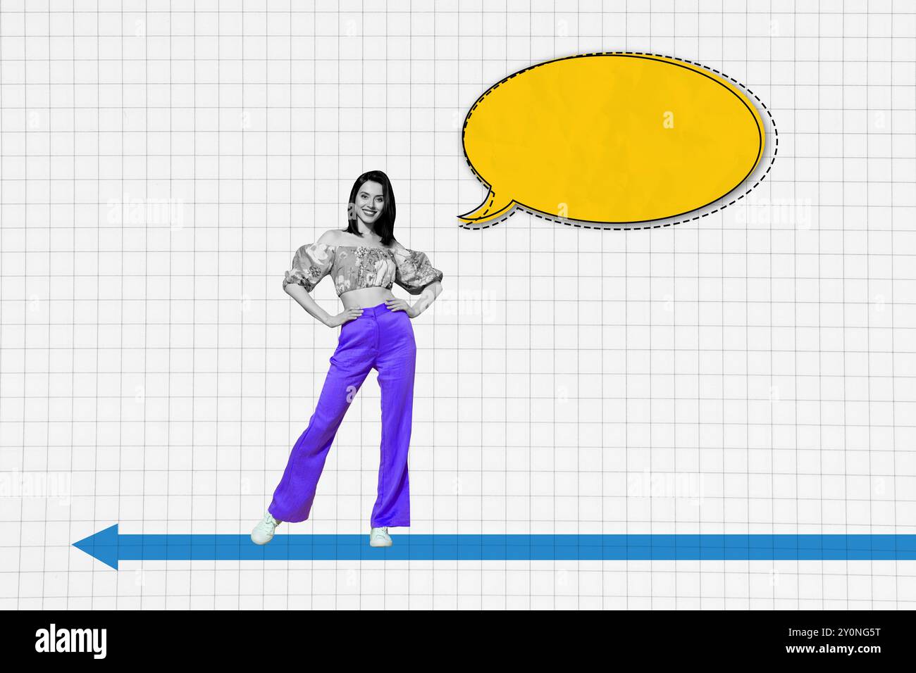 Composite photo collage of happy brunette girl stand text box ...