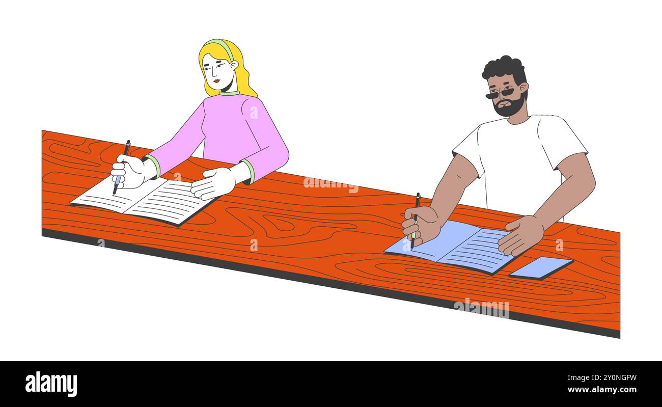 Multicultural college classmates writing lecture 2D cartoon characters ...