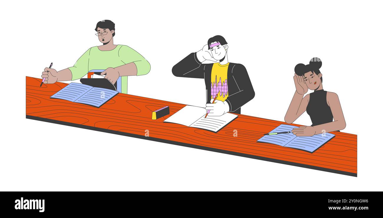 Diverse university classmates listening to lecture 2D cartoon ...