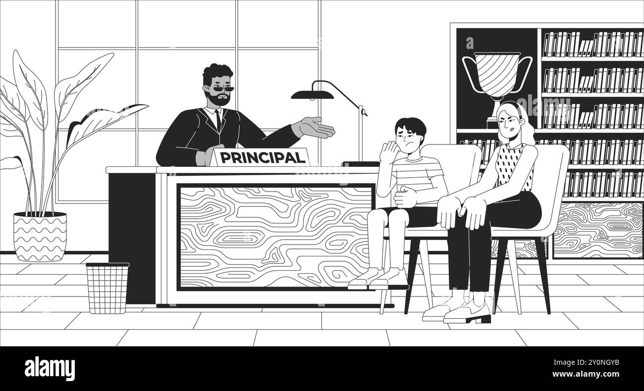 School principal with bully and his mother black and white line ...