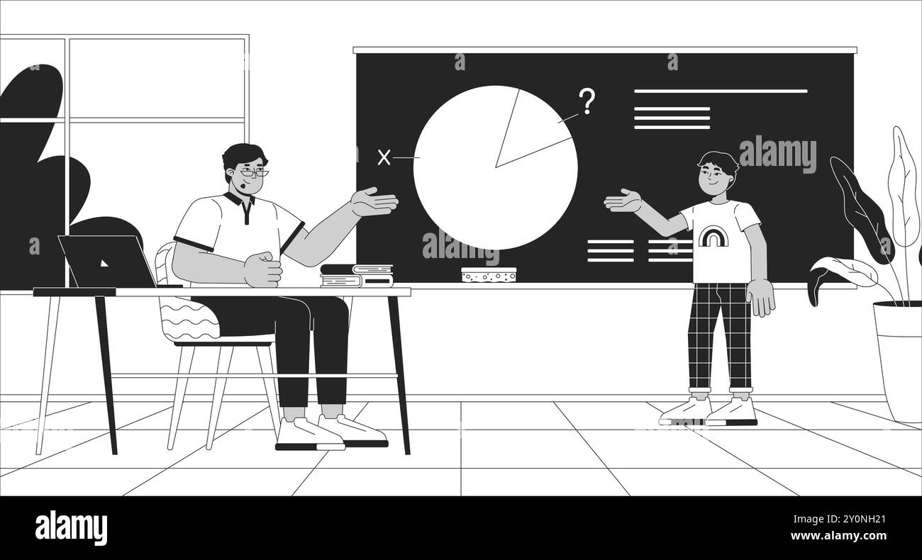 Student solving math problem with teacher at blackboard black and white ...