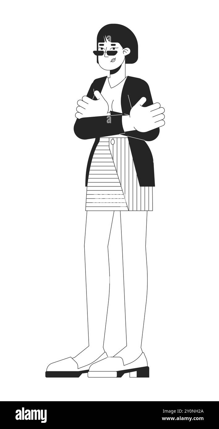 Leadership boss korean woman in office clothes black and white 2D line ...