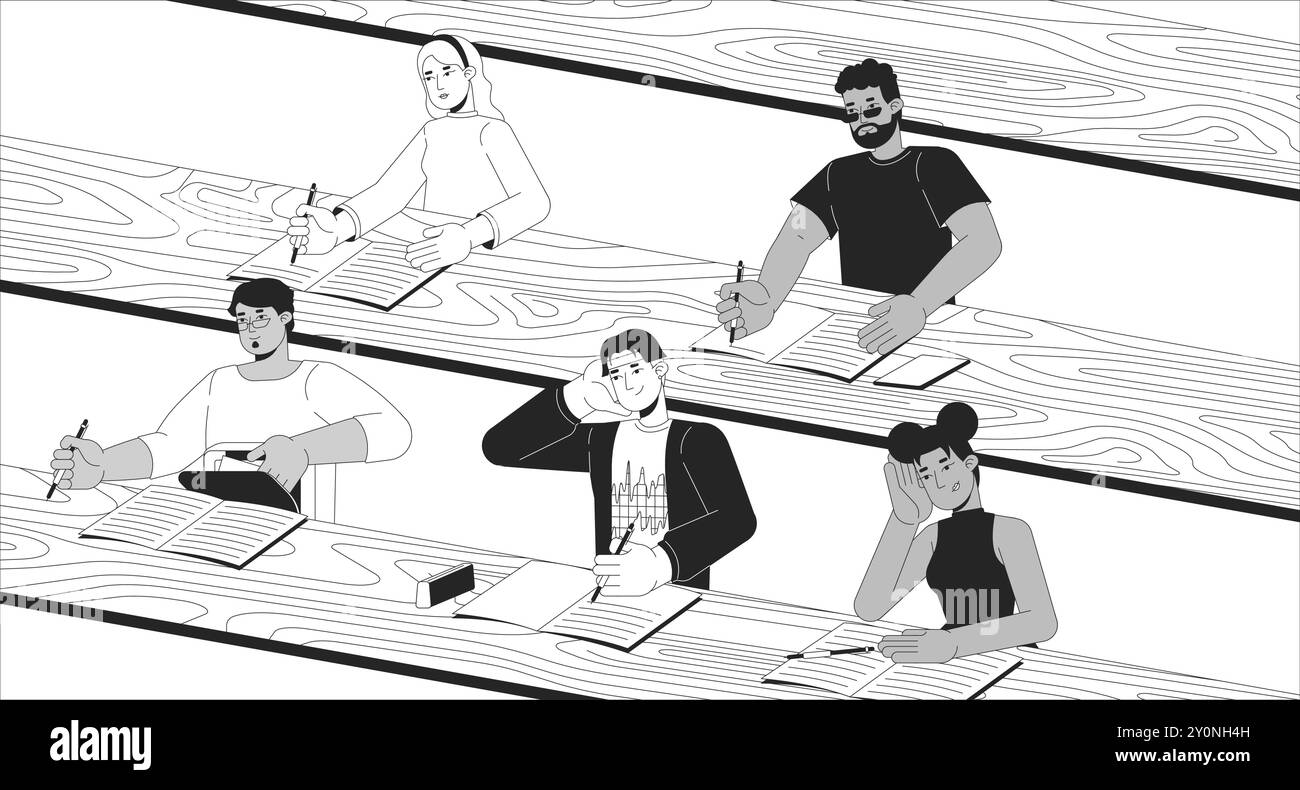 Lecture hall with students black and white line illustration Stock ...