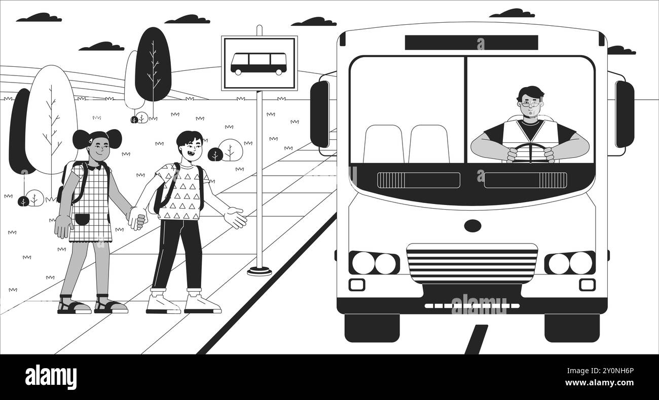 Diverse kids getting on school bus black and white line illustration ...