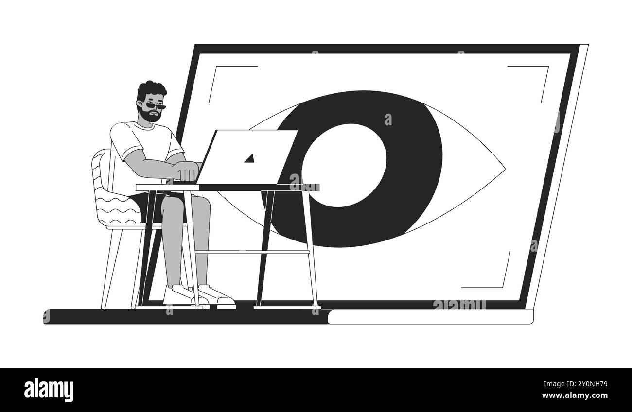 Eye control in laptop black and white 2D illustration concept Stock ...