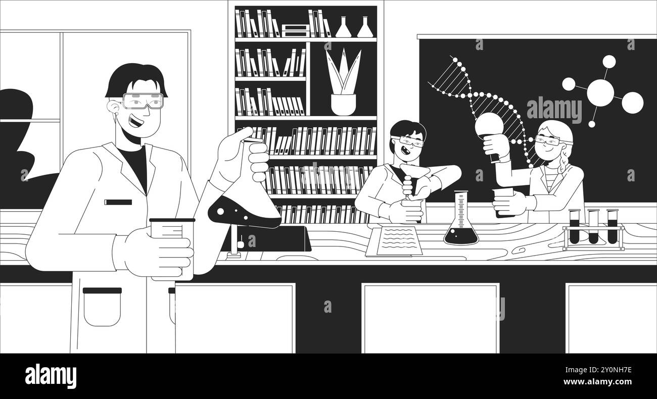 Teacher conducting chemical experiments with students black and white line illustration Stock ...