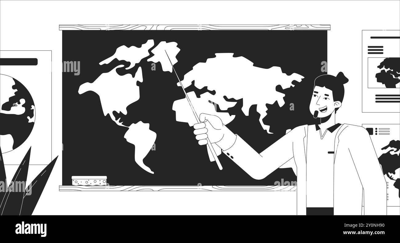 Caucasian man conducting geography lesson black and white line ...