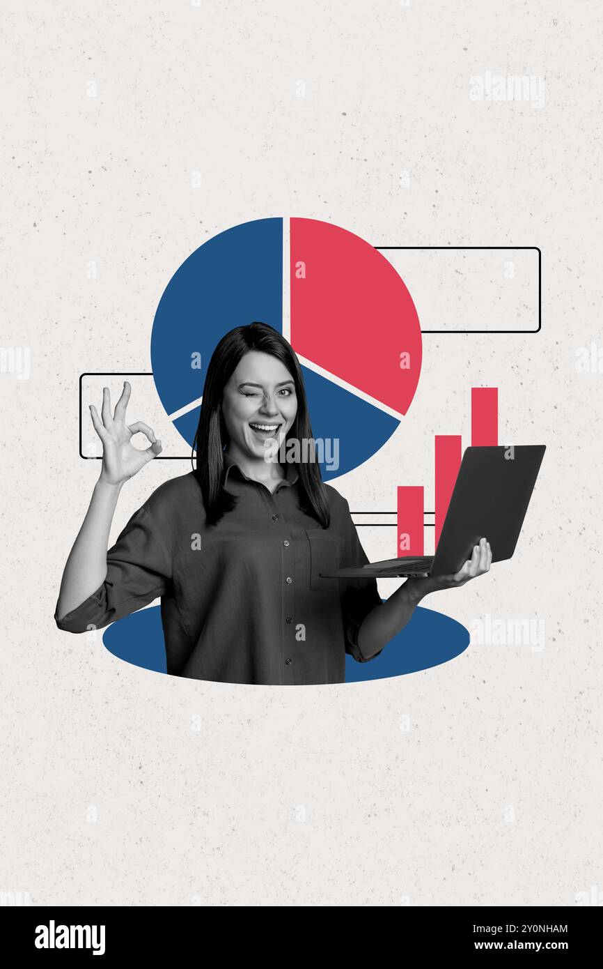 Vertical photo image collage young woman show ok fine gesture approval ...