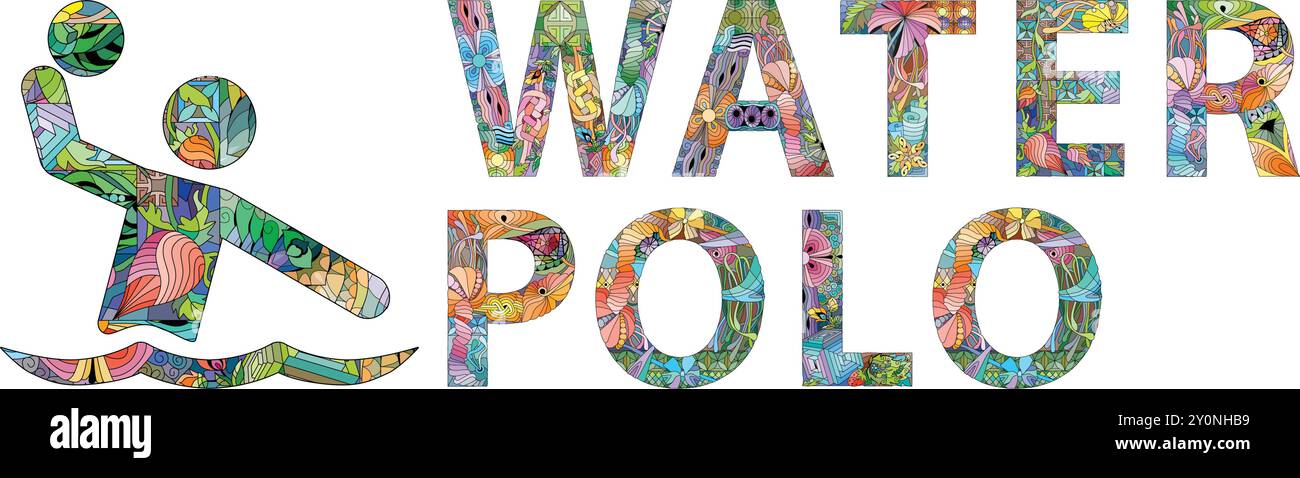 Hand-painted art design. Hand drawn illustration words WATER POLO with ...