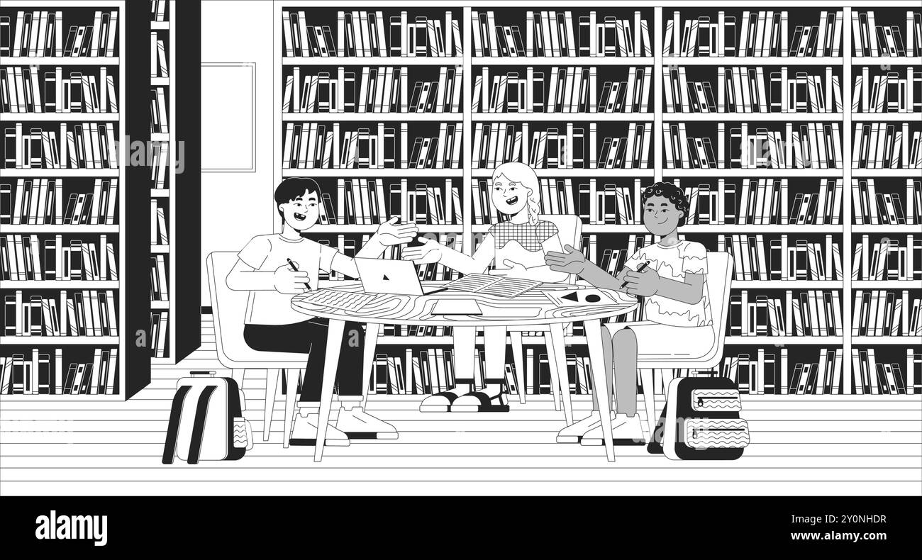 Elementary kids group assignment black and white line illustration ...
