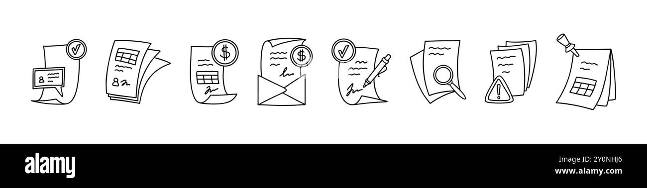 Line art doodle cv icon set. Resume, job application, signing work ...