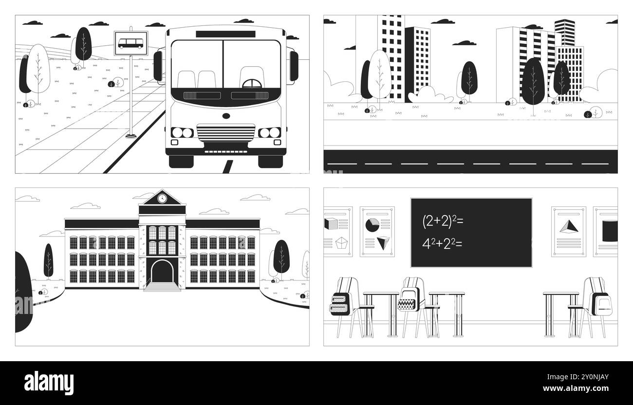 Educational facility in city black and white line illustrations set ...