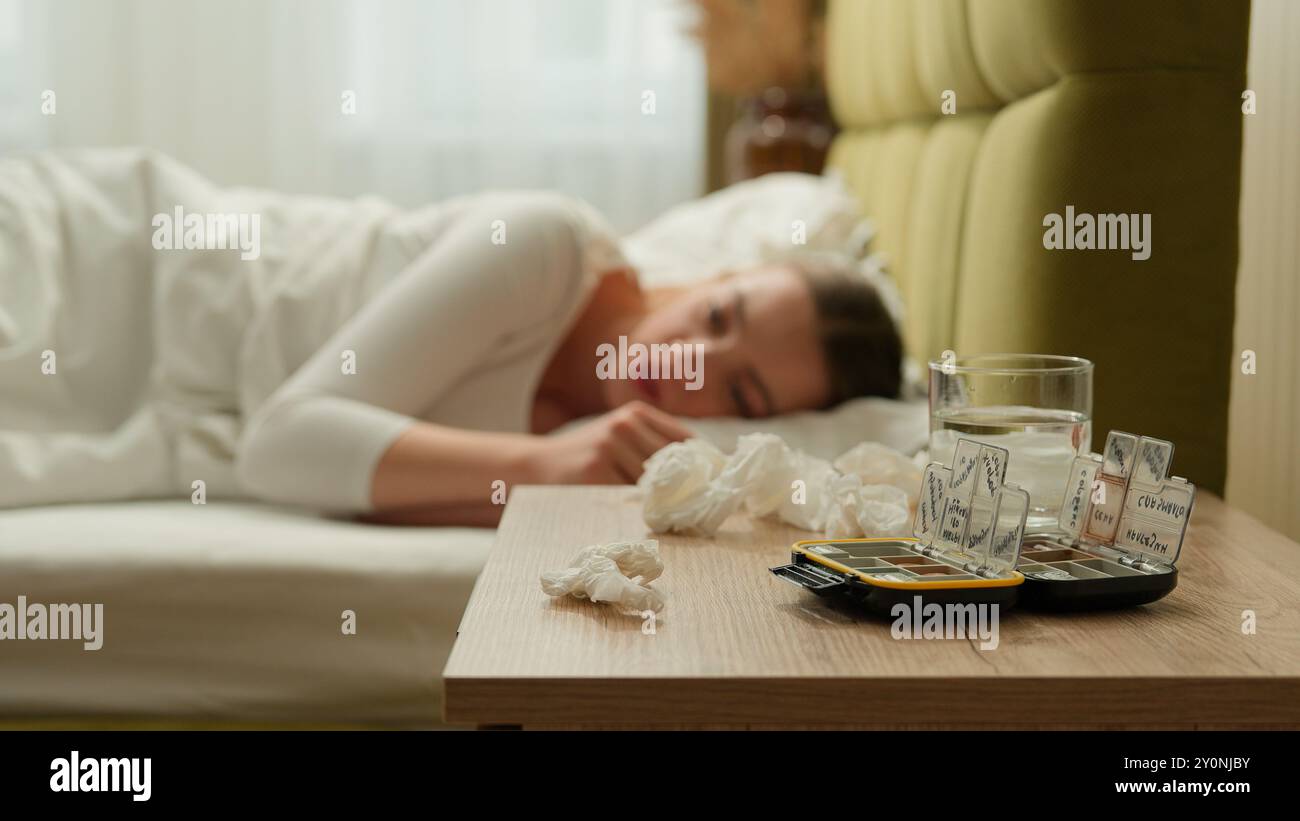 Suffering disease viral symptom allergy illness at home Caucasian ...