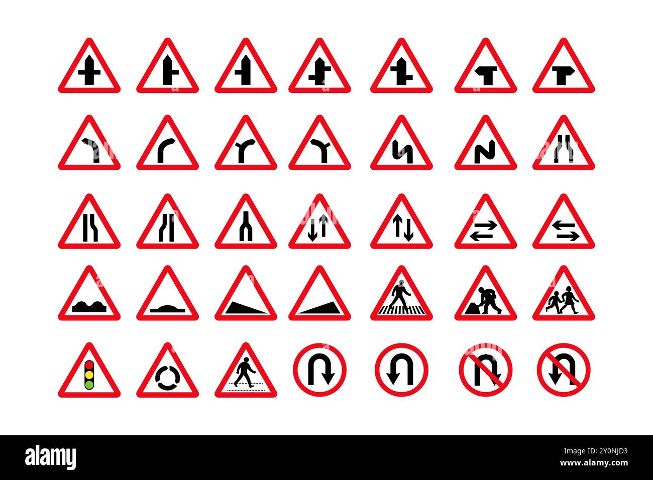 a collection of road traffic warning signs. isolated vector illustration of signs on roads Stock ...