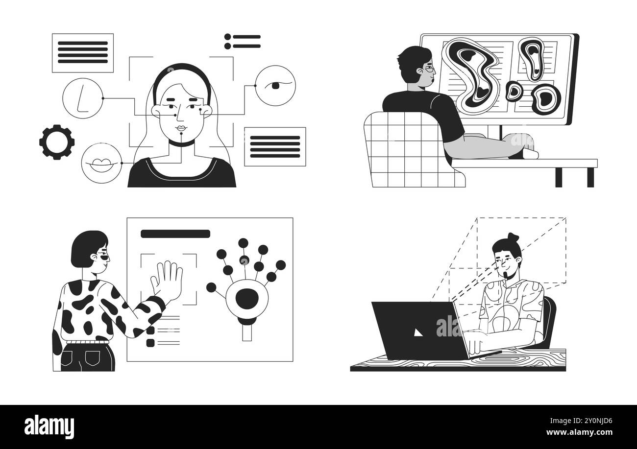 Eye tracking technology biometrics black and white 2D illustration ...
