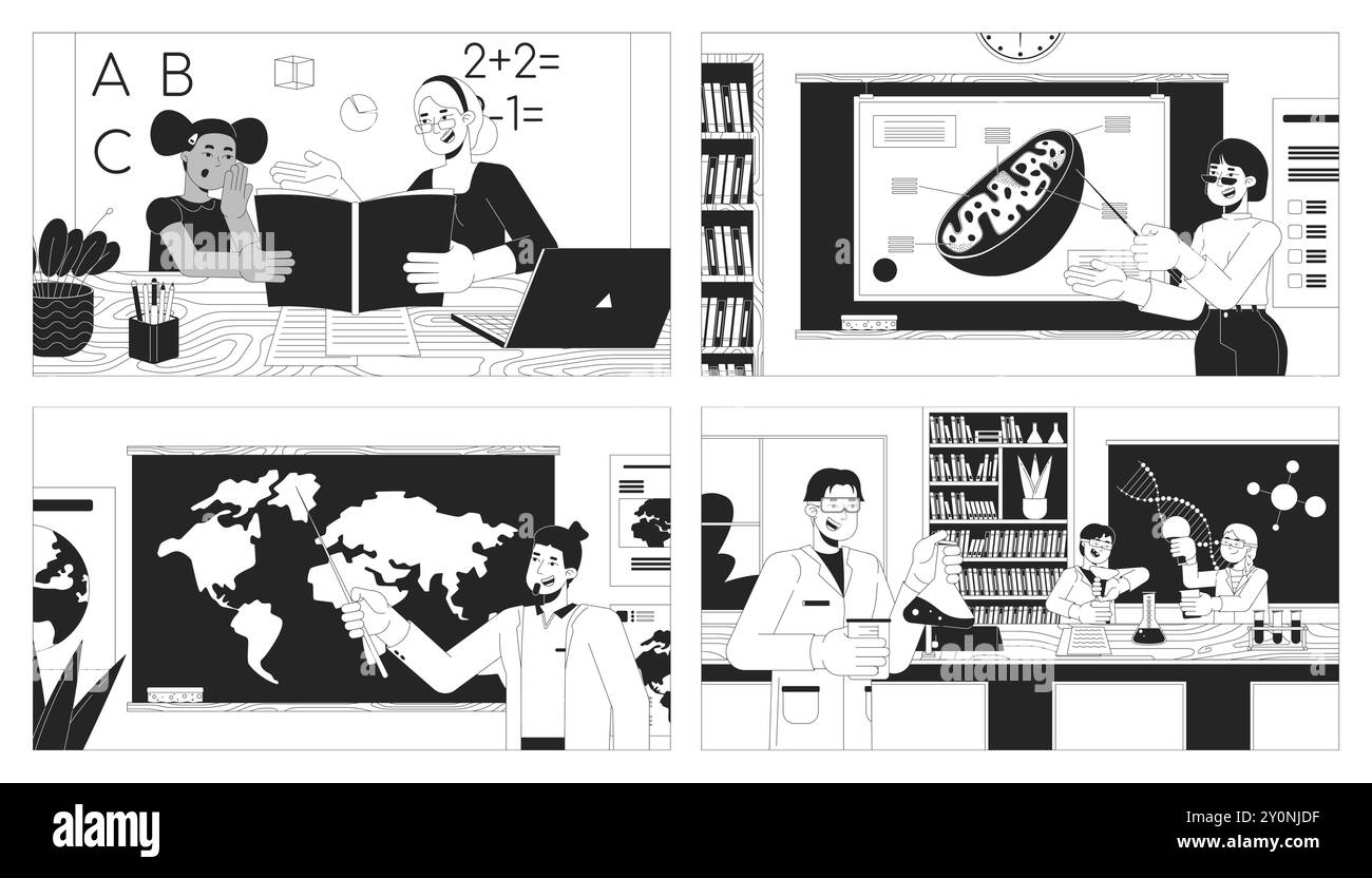 School personnel at work black and white line illustration set Stock ...