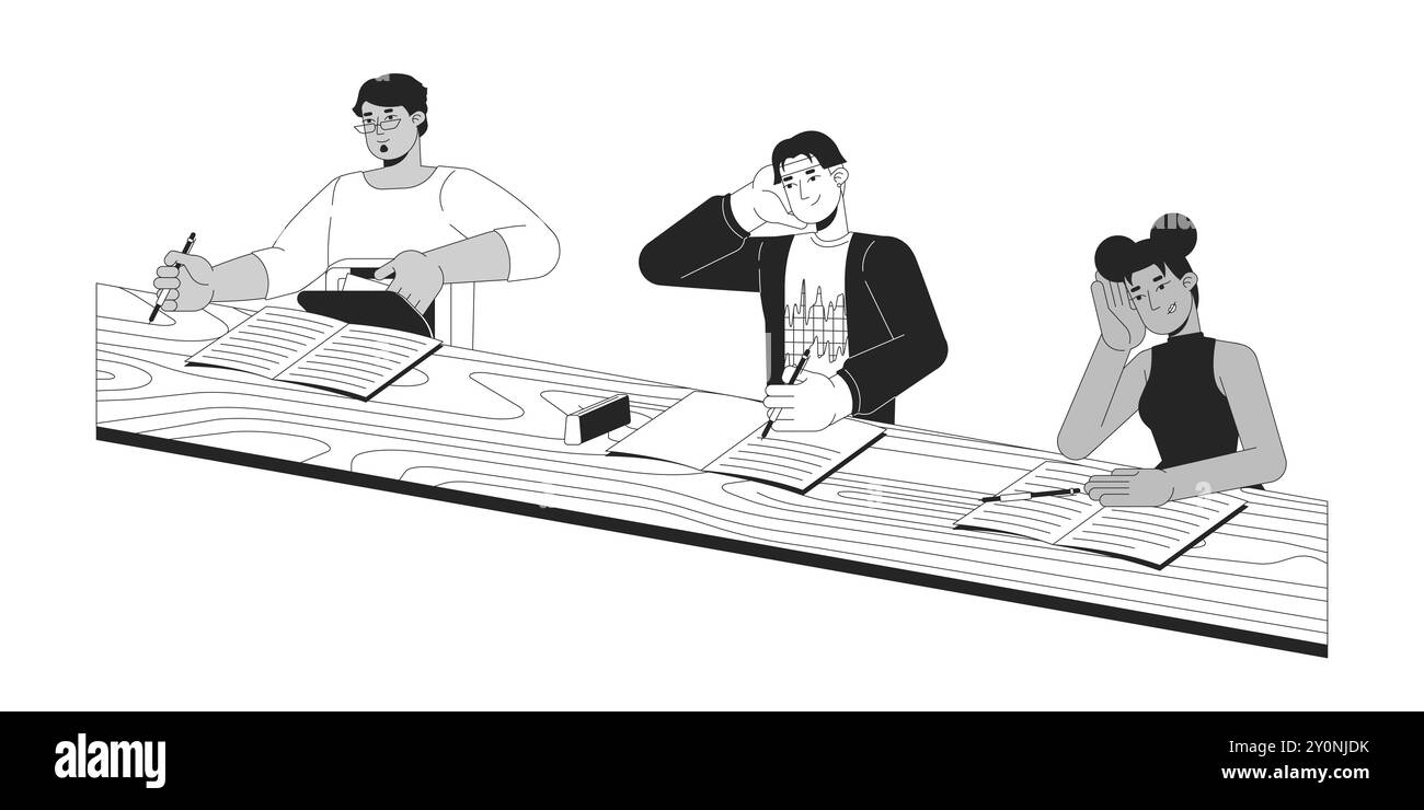 Diverse university classmates listening lecture black and white 2D line ...