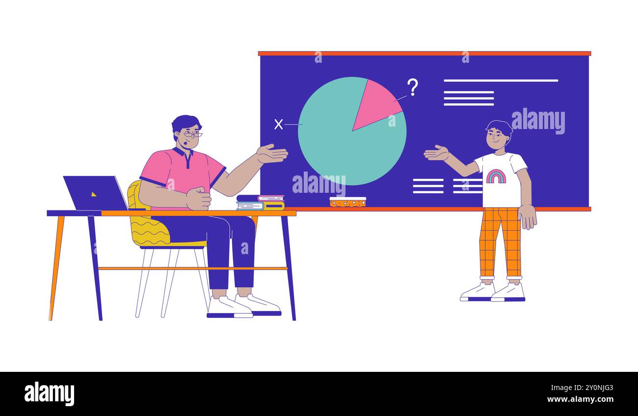 Arab teacher and little student solving math task together 2D cartoon ...