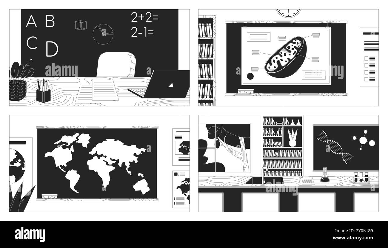 School classrooms for different courses black and white line ...