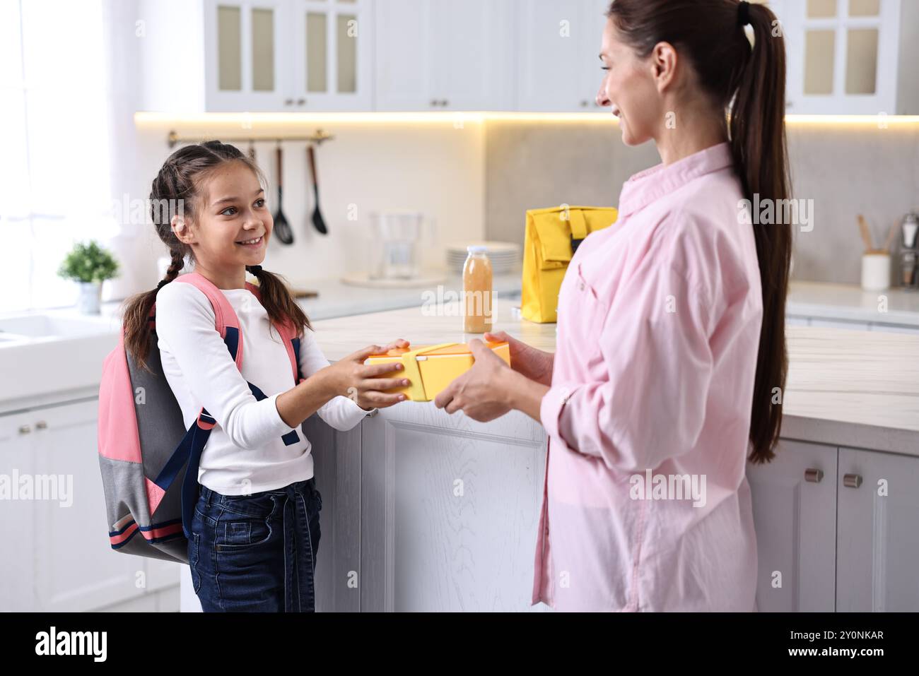 Smiling mother giving lunch box to her daughter in kitchen. Preparing ...