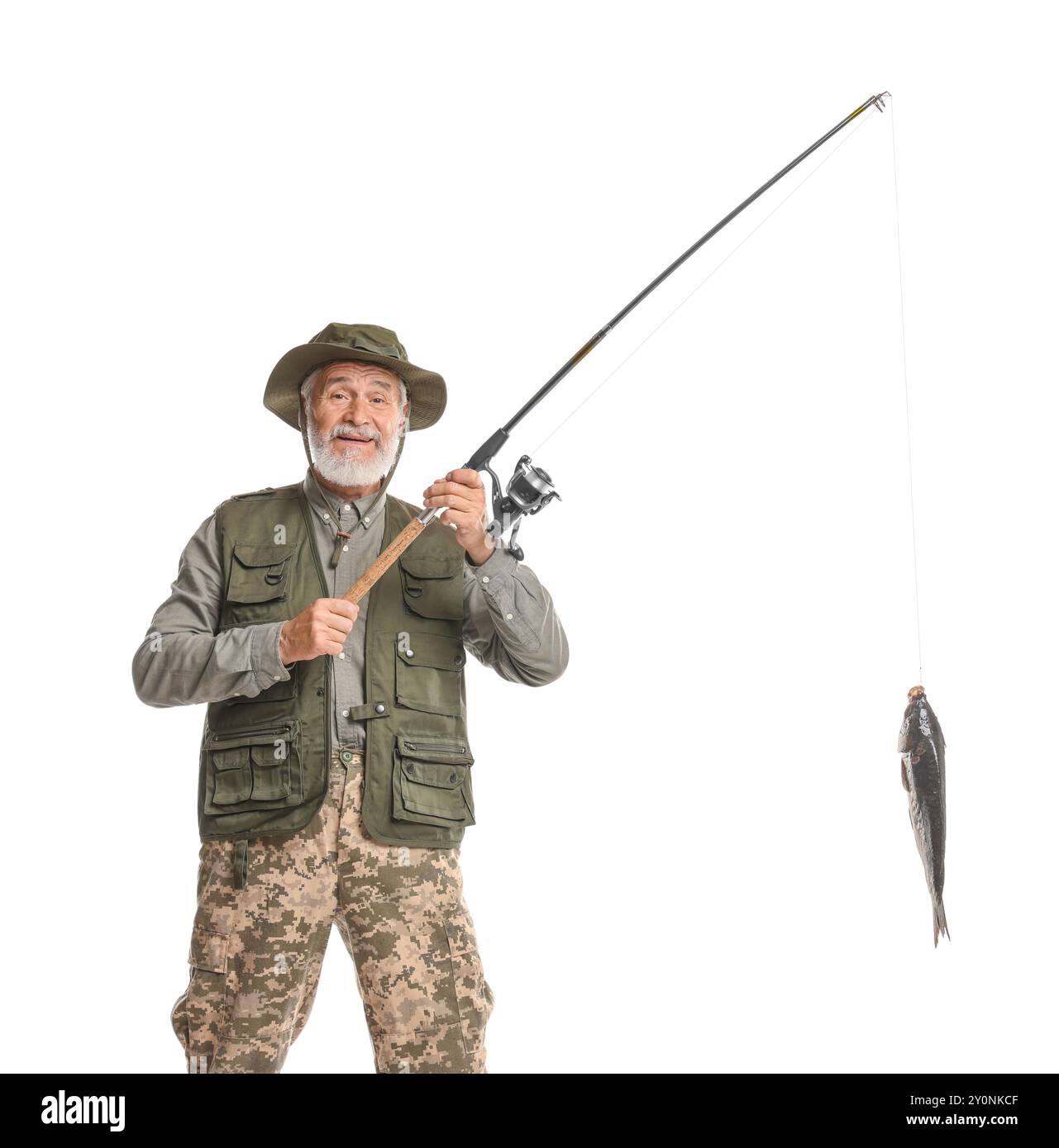Fisherman with rod and catch on white background Stock Photo - Alamy