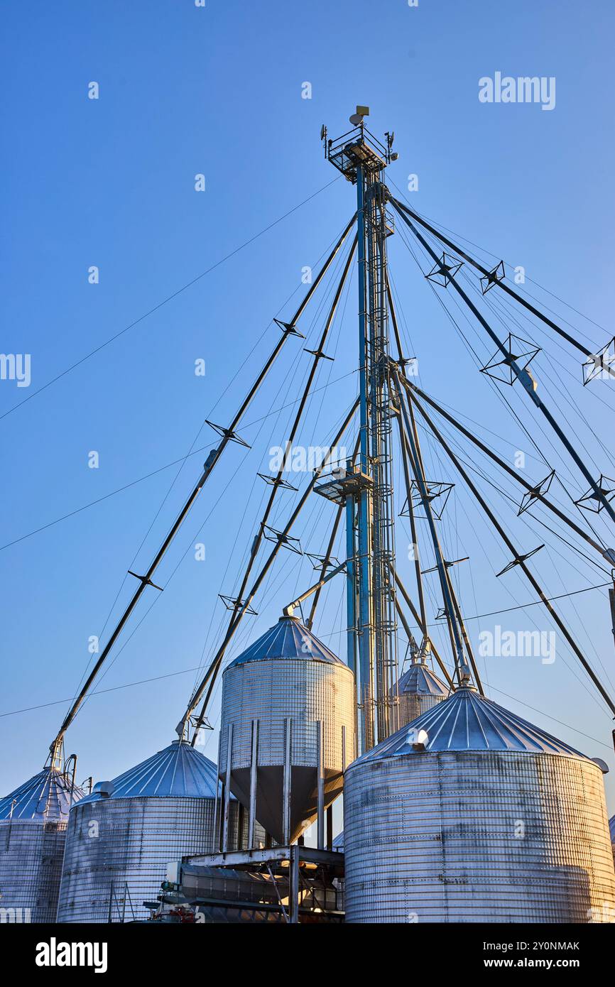Industrial Grain Silos and Tower at Golden Hour Low Perspective Stock ...