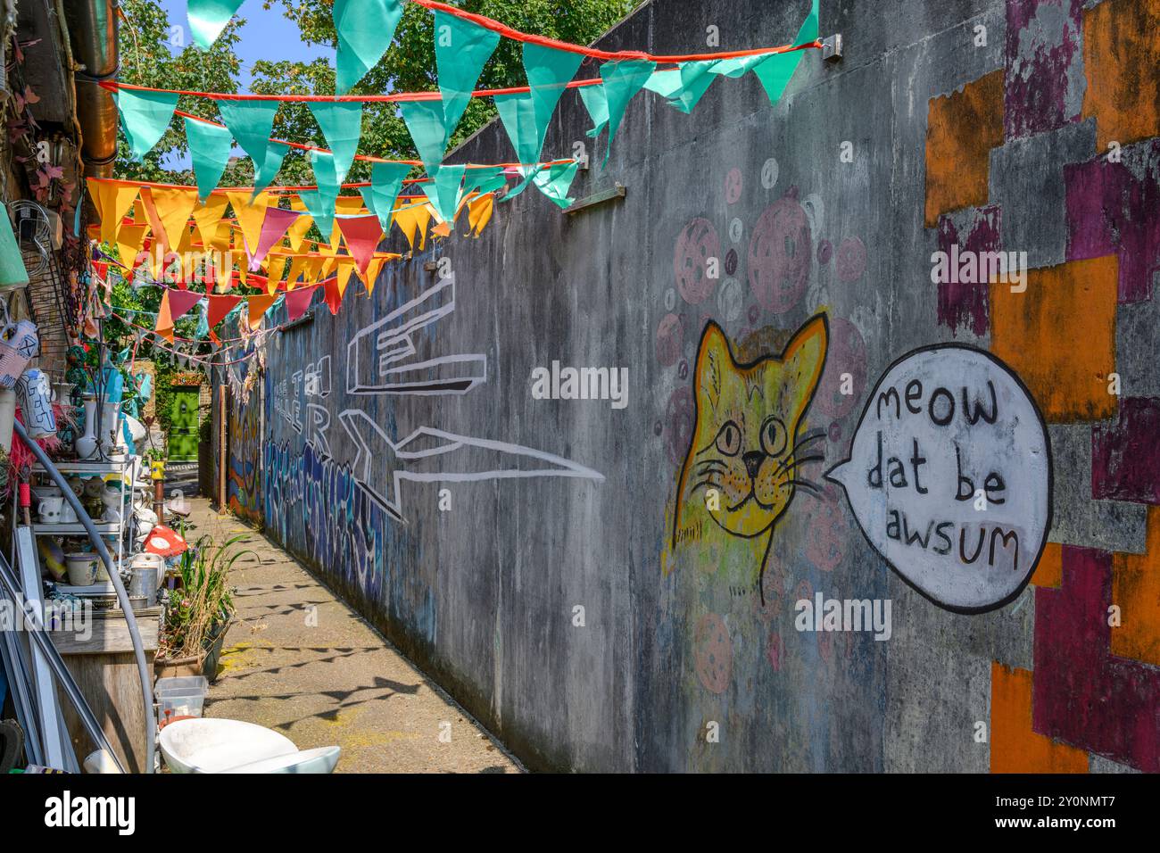 Green and orange bunting over the narrow path leading to the back of a ...