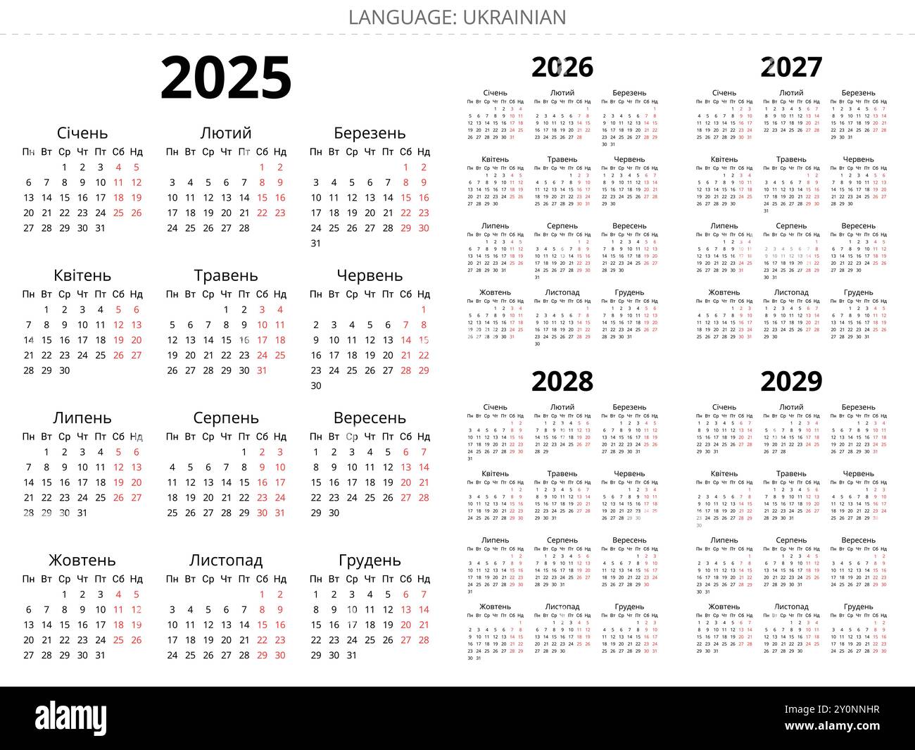 2025, 2026, 2027, 2028, 2029 year ukrainian calendars. Printable ...